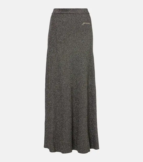 GANNI Ribbed-knit Lamé Maxi Skirt - Grey