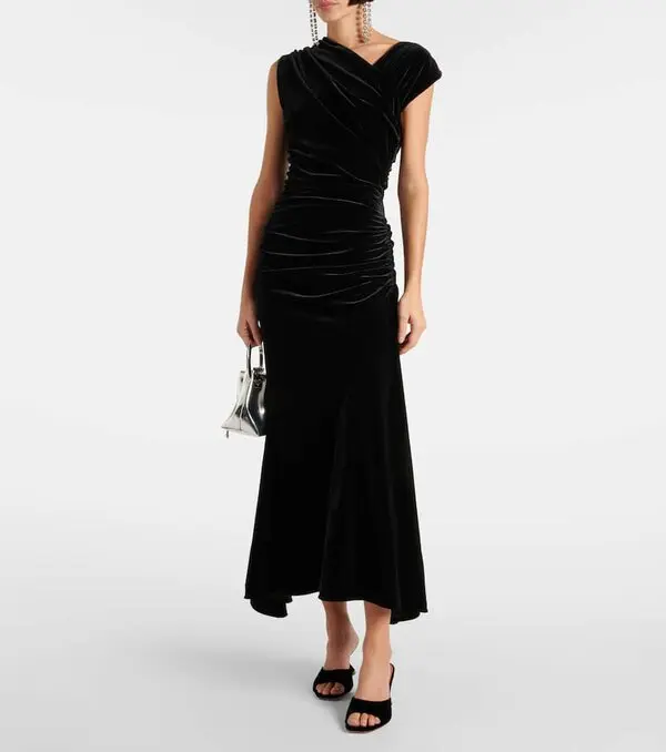 Ganni Velvet Jersey Ruched Dress In Black 20% Off Editorialist