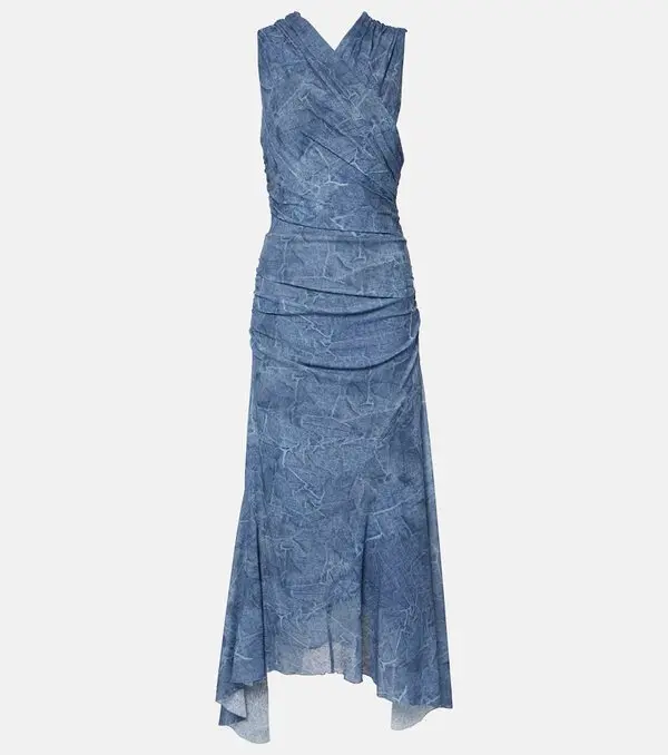 GANNI Printed Ruched Maxi Dress - Blue