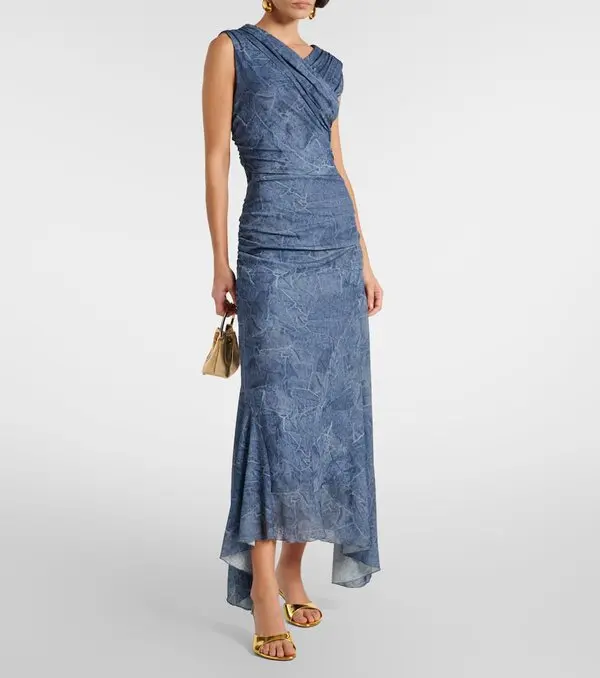 GANNI Printed Ruched Mesh Maxi Dress