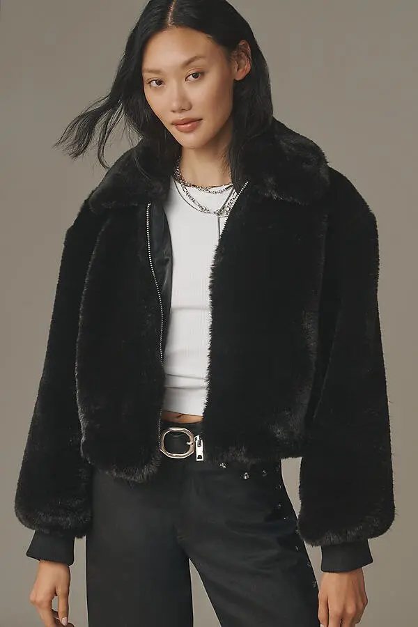 Maeve Rae Faux Fur Crop Jacket - Black