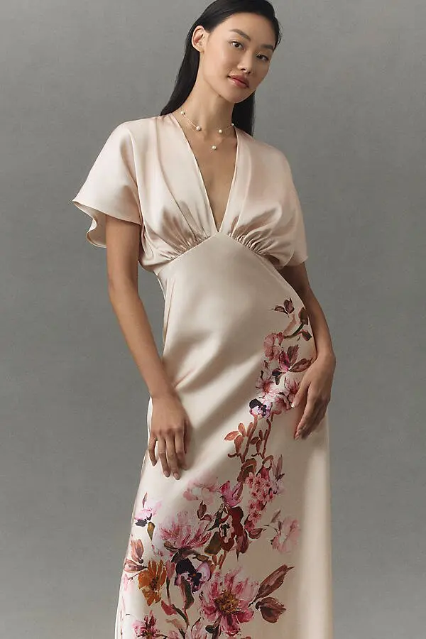 Bhldn Leila Deep-v Flutter-sleeve Satin A-line Gown - Champagne Painted Placement
