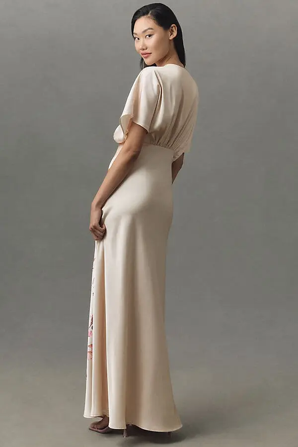 Bhldn Leila Deep-v Flutter-sleeve Satin A-line Gown - Champagne Painted Placement