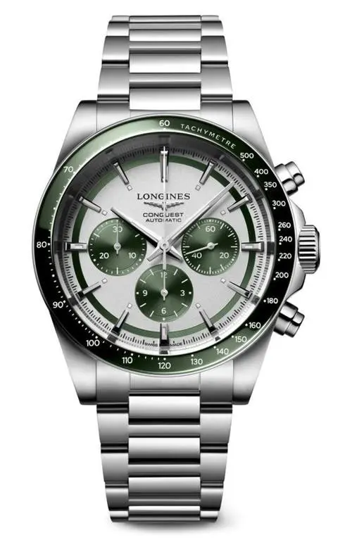 LONGINES Conquest Chronograph Bracelet Watch - Silver/ Green