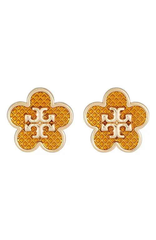 Tory Burch Kira Flower Stud Earrings - Tory Gold /brown