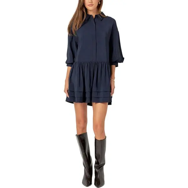 English Factory Balloon Sleeve Drop Waist Shirt Dress - Navy