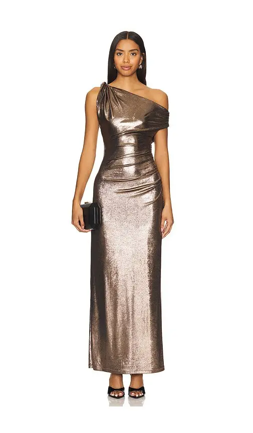 Misha Collection X Nyra Metallic Jersey Gown In Soft Gold - 26% Off |  Editorialist