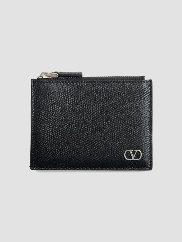 Valentino Garavani Vlogo Signature Grainy Calfskin Card Holder - Black