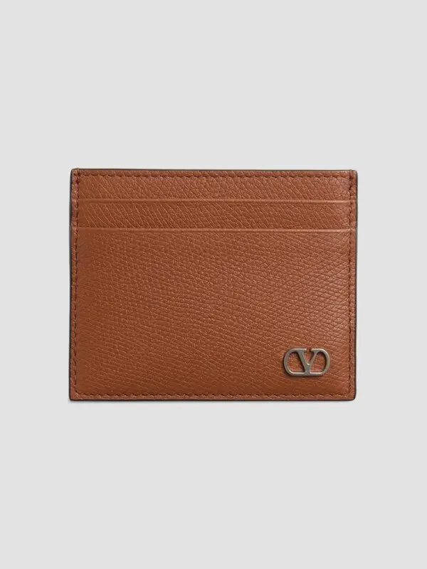Valentino Garavani Vlogo Signature Grainy Calfskin Card Holder - Saddle Brown