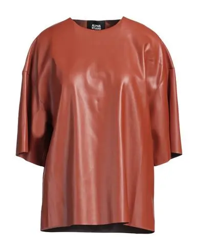 Alpha Studio Short Sleeve Crewneck Top In Coated Fabric - Rust