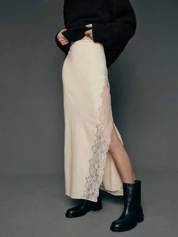 REFORMATION Maxi-length Skirt With Lace Detailing - Ivory