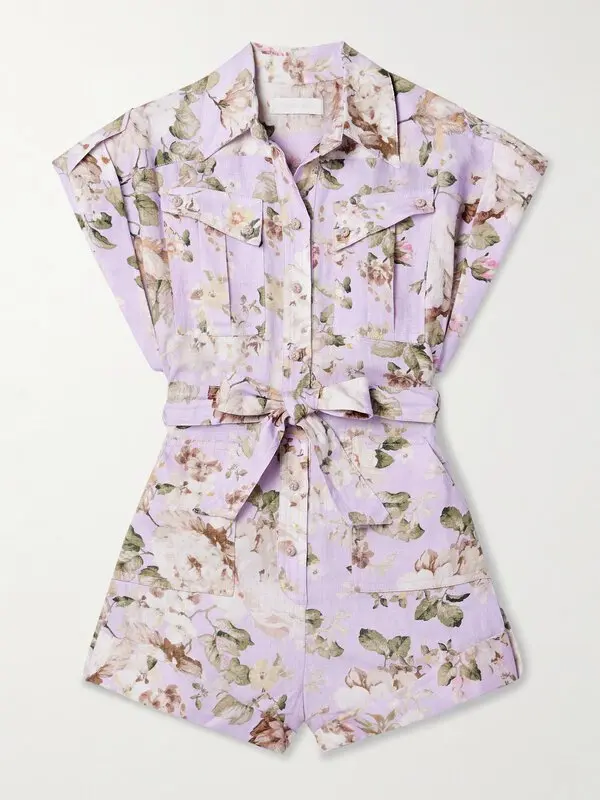 Zimmermann Acacia Floral-print Linen Playsuit - Purple