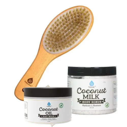 PURSONIC Lotus Wood Bath Brush & Coconut Care Set - Multicolor