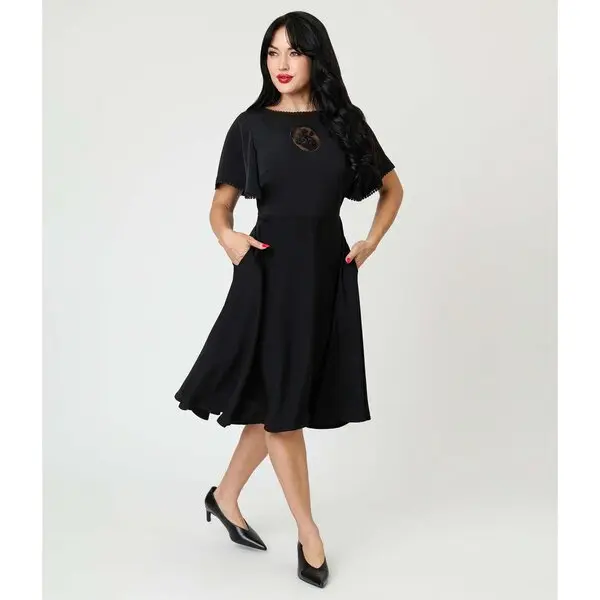 Unique Vintage 1930s Swing Dress - Black Solid