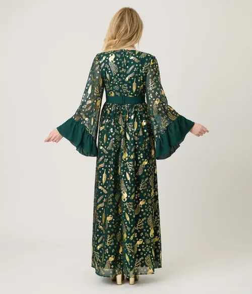 Unique Vintage Long Sleeve Empire Waist Maxi Dress - Green & Gold |  Editorialist