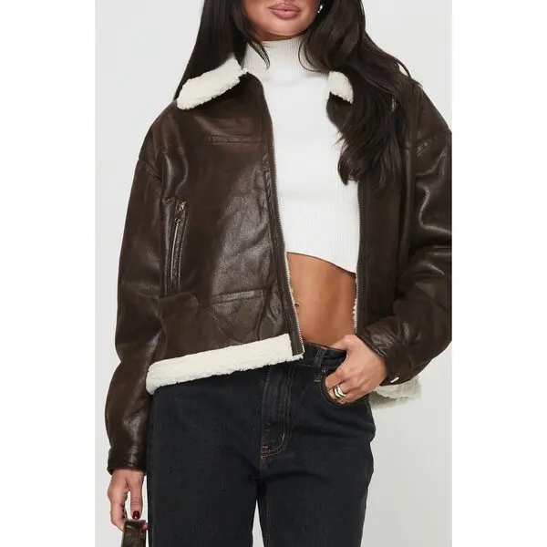 Princess Polly Solara Faux Shearling Jacket - Brown