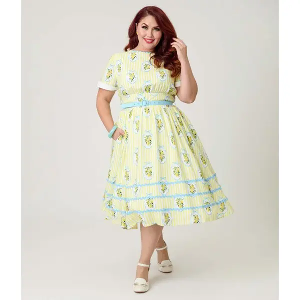 Unique Vintage Boatneck Swing Dress With Ricrac Detail - Yellow Stripe W/lemon Print