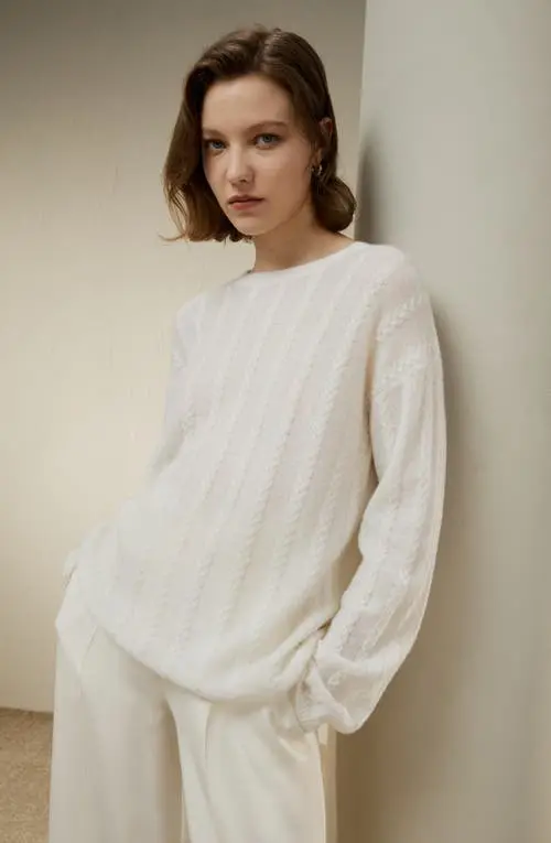 Lilysilk Semi-sheer Cable-knit Cashmere Sweater - White