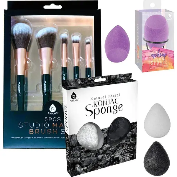 PURSONIC Facial Makeup Blender Sponge + Natural Facial Konjac Sponge Duo Set + 5 Pcs Studio Makeup Brush Set - Multicolor