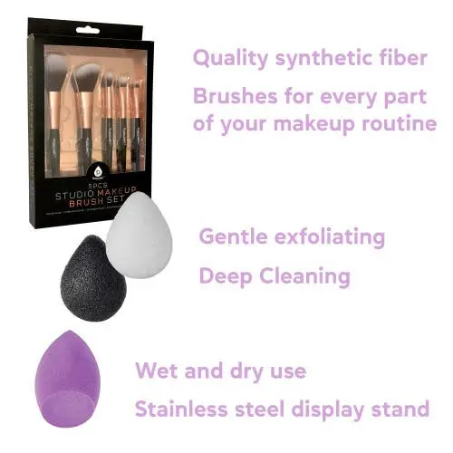PURSONIC Facial Makeup Blender Sponge + Natural Facial Konjac Sponge Duo Set + 5 Pcs Studio Makeup Brush Set