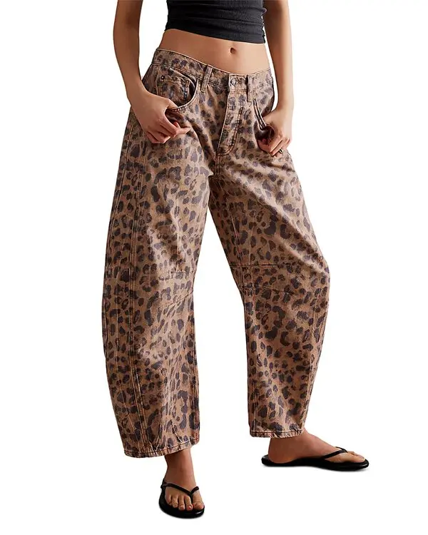Free People We The Free Good Luck Leopard Barrel Leg Jeans - Brown Sugar