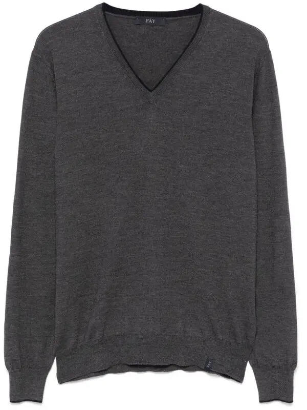 FAY Virgin Wool V-neck Sweater - Grey