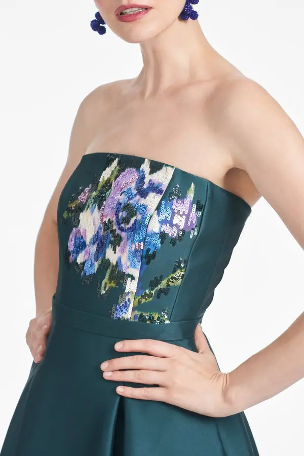 Sachin & Babi Strapless Tea-length Printed Mikado Dress - Forest Green Placement Ikat