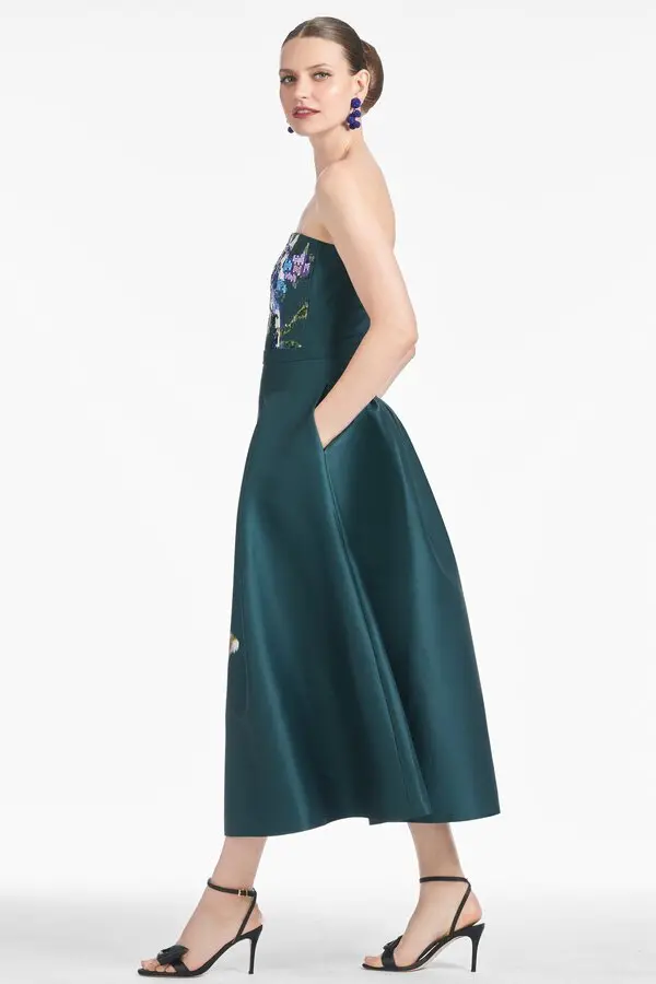 Sachin & Babi Strapless Tea-length Printed Mikado Dress - Forest Green Placement Ikat
