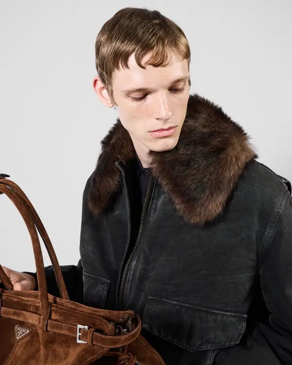 Prada Cotton Blouson Jacket With Shearling Collar - Black