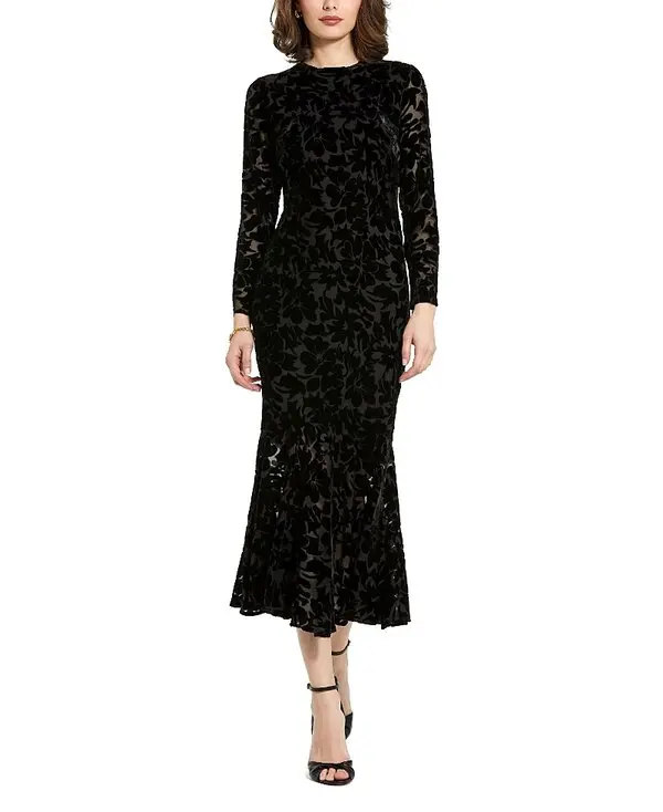Mac Duggal Burnout Velvet Ruffle Hem Midi Dress - Black