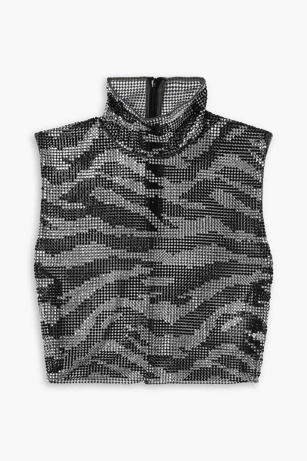 Alessandra Rich Cropped Crystal-embellished Mesh Top