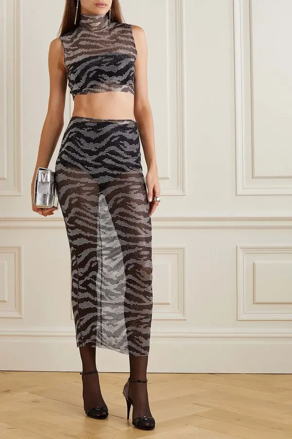 Alessandra Rich Cropped Crystal-embellished Mesh Top