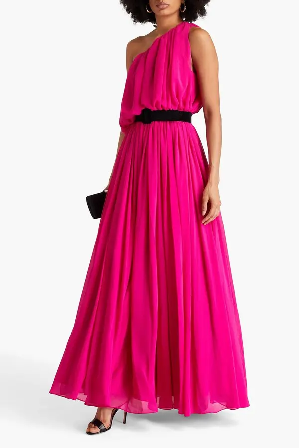 Badgley Mischka One-shoulder Draped Georgette Gown
