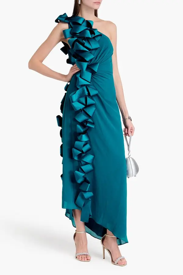 Badgley Mischka One-shoulder Bow-detailed Draped Gown
