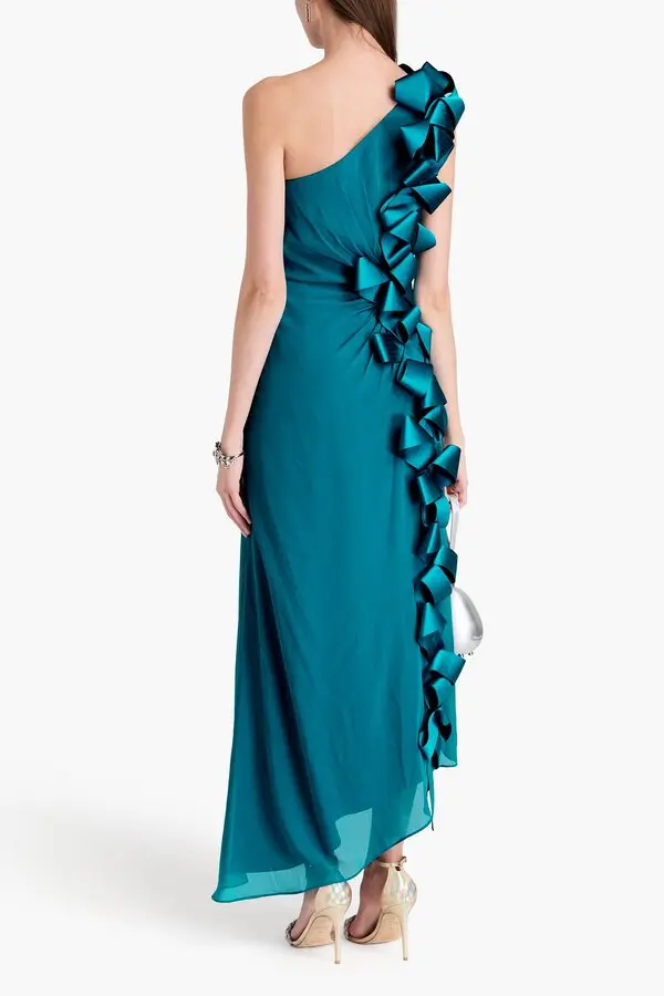 Badgley Mischka One-shoulder Bow-detailed Draped Gown