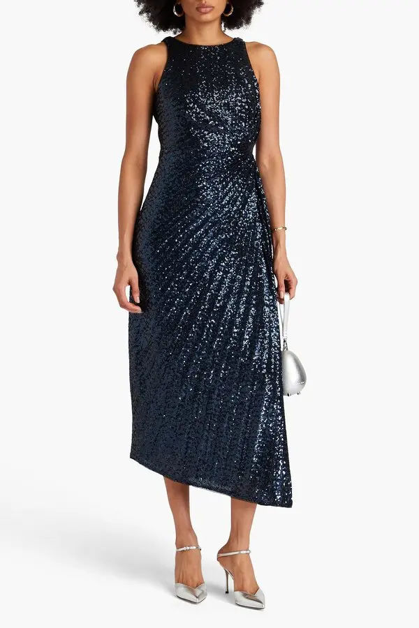 Badgley Mischka Wrap-effect Sequined Midi Dress