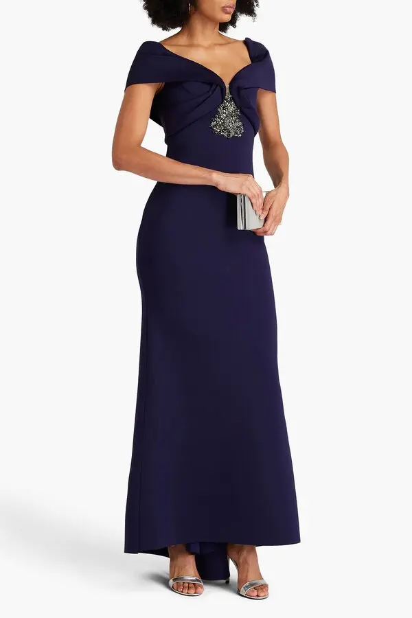 badgley mischka off the shoulder scuba dress Badgley Mischka Women's Embellished Scuba Off-The-Shoulder Gown - Navy