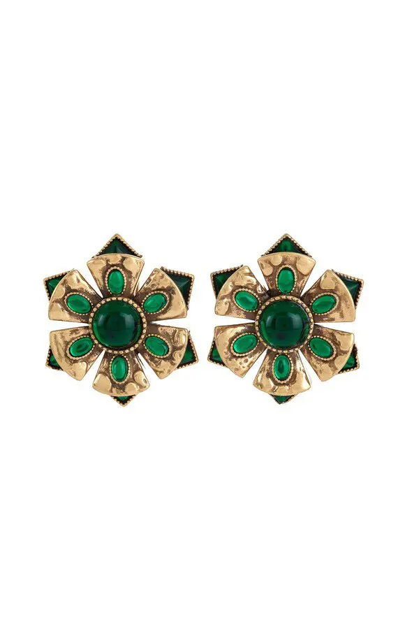 KENNETH JAY LANE Antique Emerald Cabochon Stud Earrings - Gold