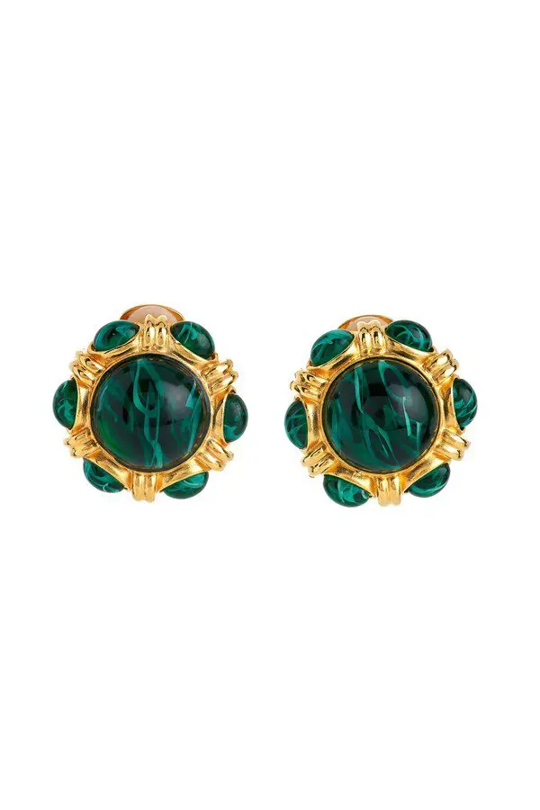 KENNETH JAY LANE Emerald Cabochon Button Clip Earrings - Gold