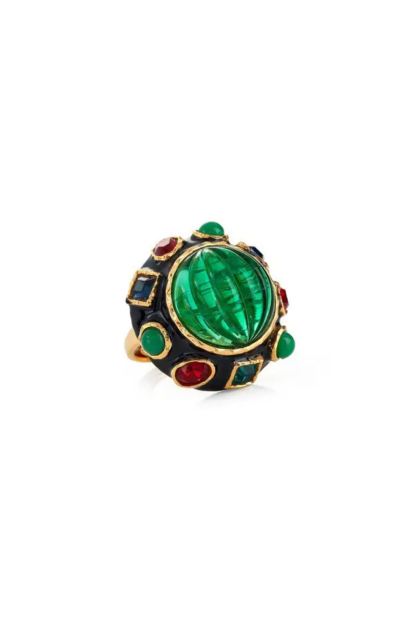 KENNETH JAY LANE Ribbed Emerald Center Button Ring - Gold