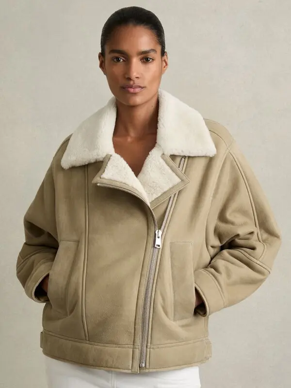 REISS Mona Shearling-lined Leather Aviator Jacket