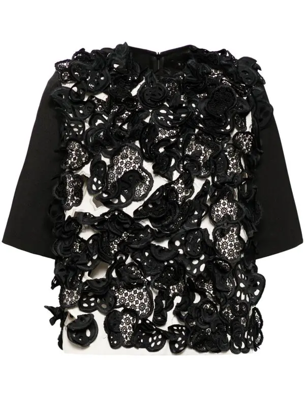 Biyan Floral Guipure Lace Blouse - Black - Ecru