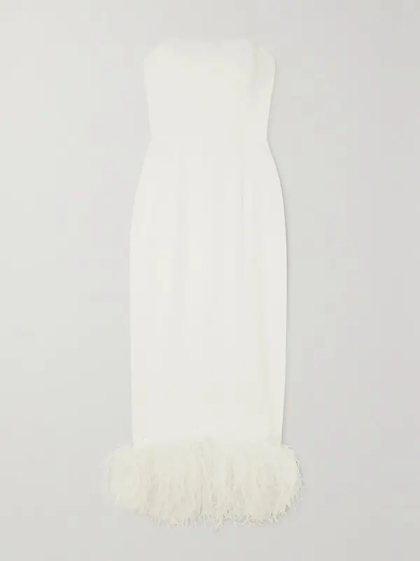 16Arlington Minelli Strapless Feather-trimmed Midi Dress - White