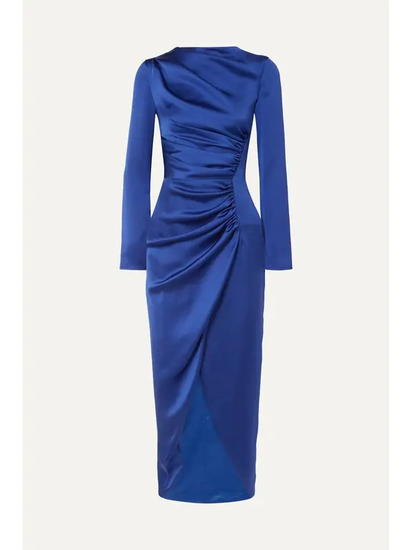 RASARIO Gathered Satin Midi Dress - Blue