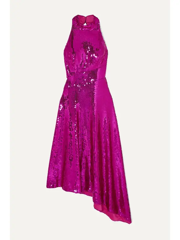 RASARIO Asymmetric Open-back Sequined Midi Dress