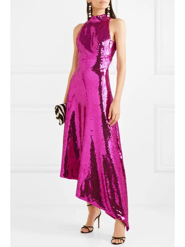 RASARIO Asymmetric Open-back Sequined Midi Dress
