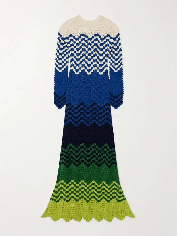 Escvdo Net Sustain Musa Striped Crocheted Cotton Maxi Dress - Blue