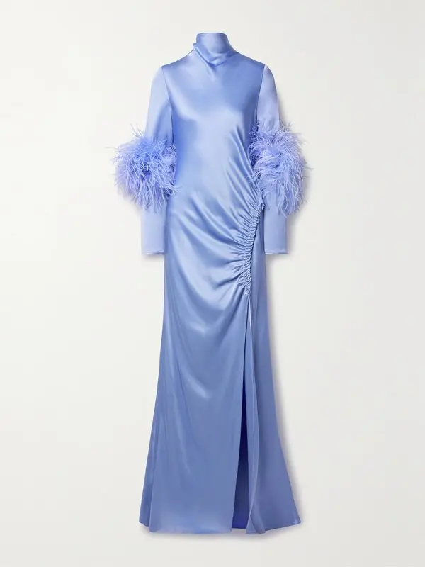 Lapointe Feather-trimmed Ruched Satin Gown