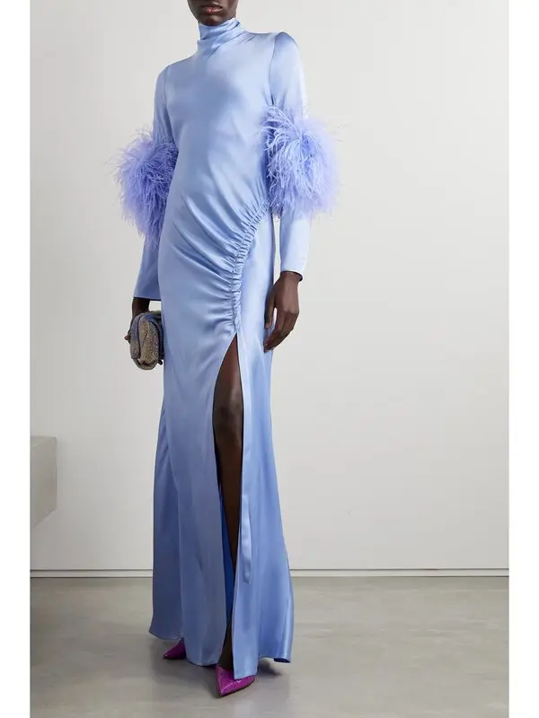 Lapointe Feather-trimmed Ruched Satin Gown