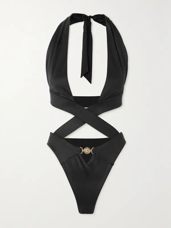 Versace Belize Embellished Halterneck Swimsuit - Black